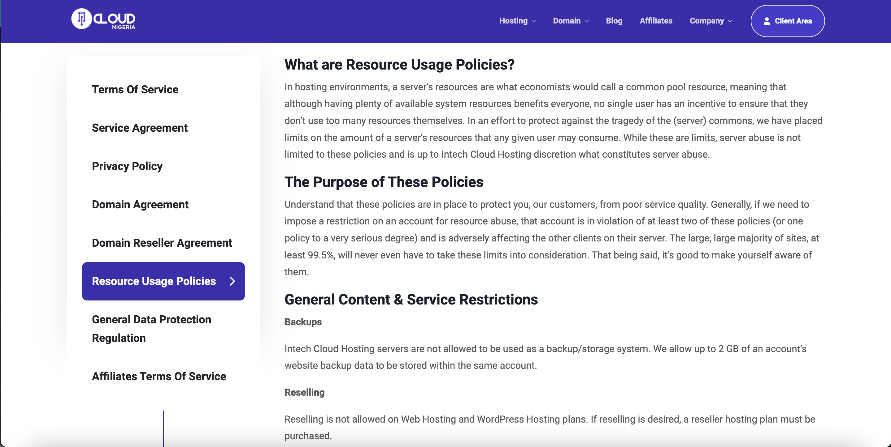 Resource Usage Policies — Intech Cloud Hosting Legal Documents